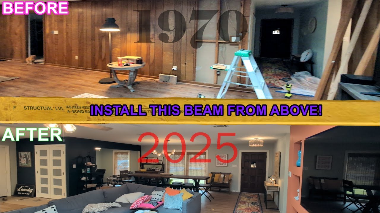 DIY beam installed from the attic, upside down beam, living room wall ...