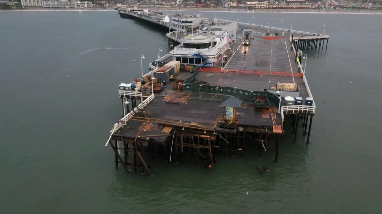 Aerials show partially collapsed pier as major storm pounds California ...
