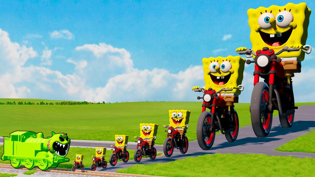 Big & Small SpongeBob on a Motorcycle VS Poppy Playtime Trains - BeamNG ...