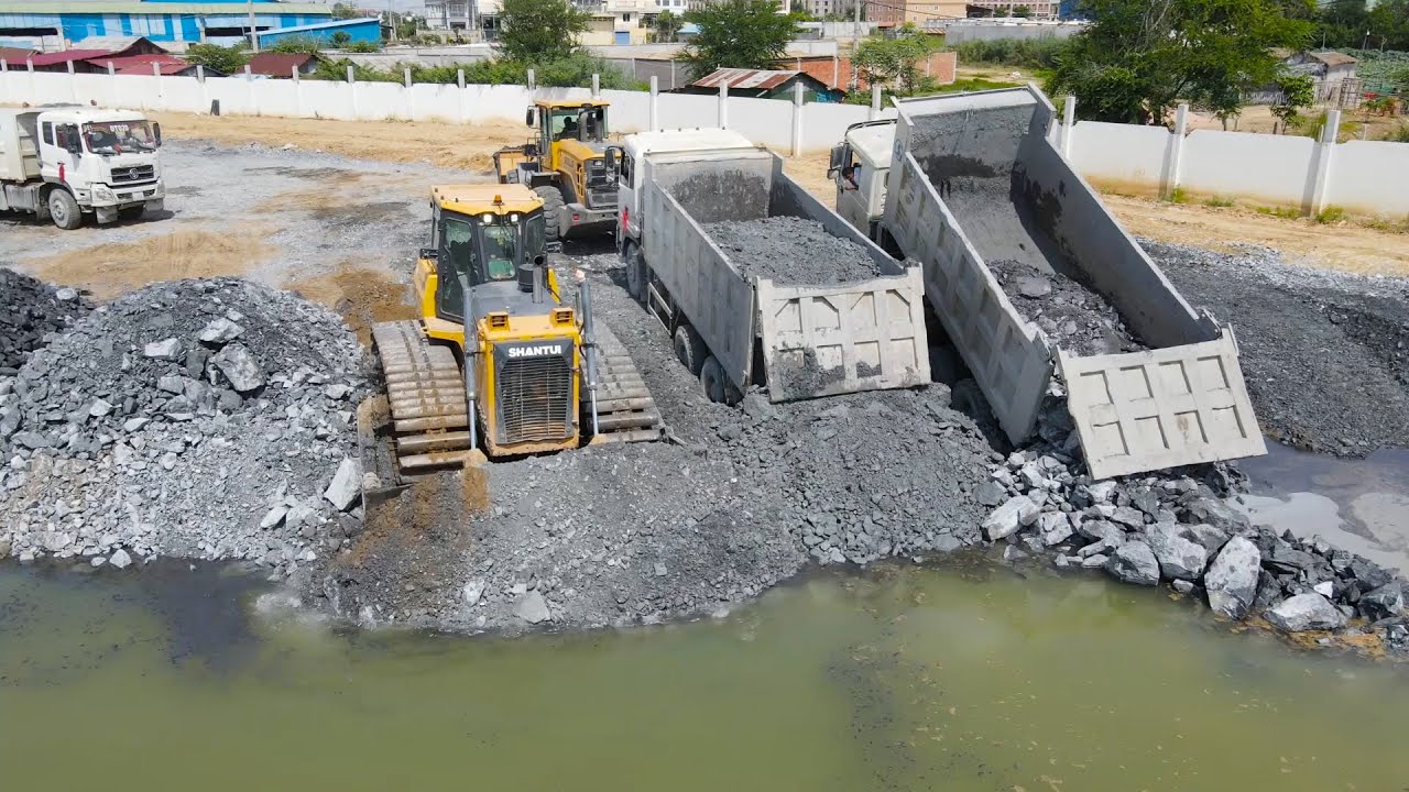 Dump Truck Transport Stone Filling Lake Stuck in the Deep Hole Recovery ...