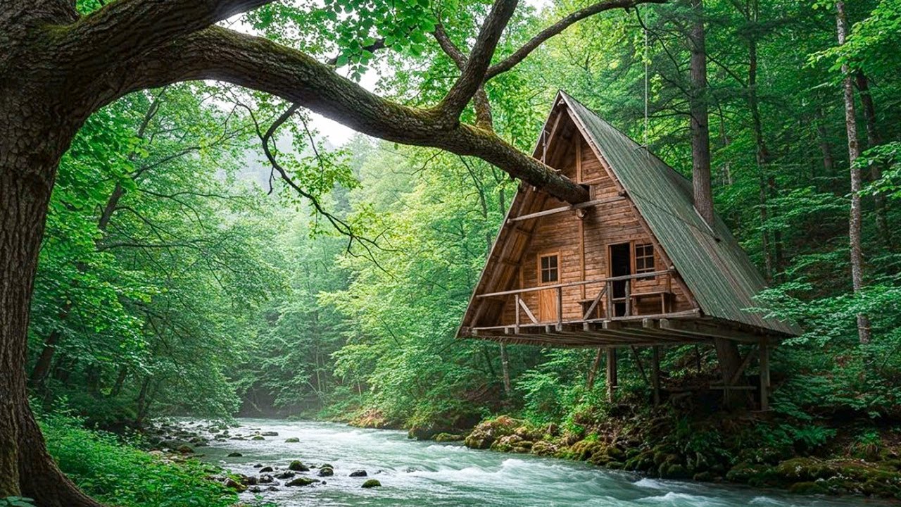 Build a hidden house in the forest on a large tree branch for survival ...