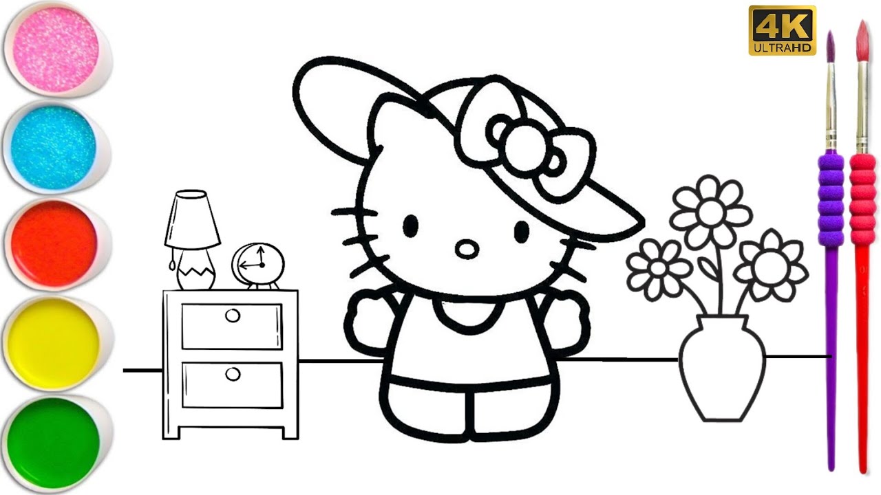 How to draw Cute Hello Kitty, flower vase for Kids | Easy kitty drawing ...