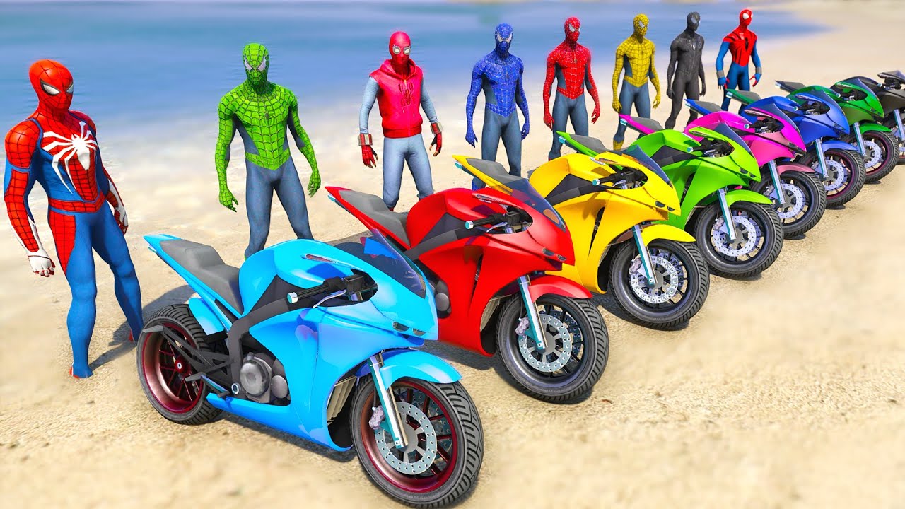 SPIDERMAN TEAM Motorbikes RACING Challenge on Beach Mega Ramp Spiderman ...