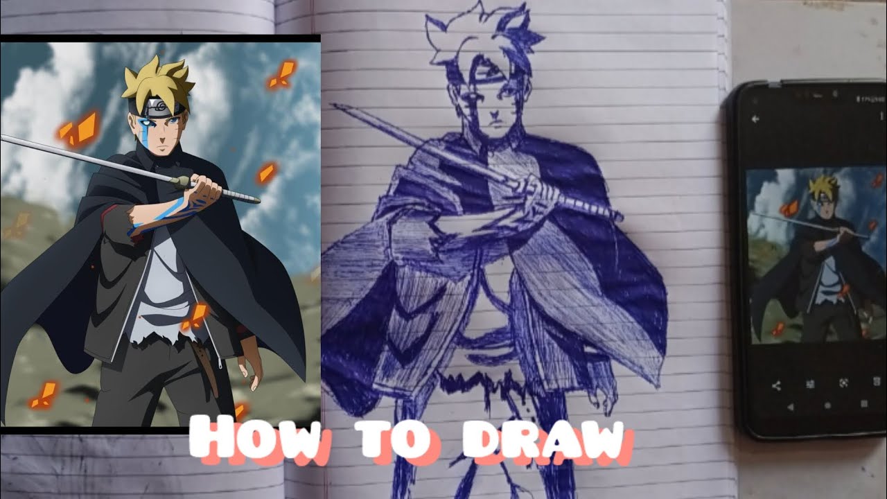 how to draw boruto by ballpen ll step by step ll full tutorial video ll ...