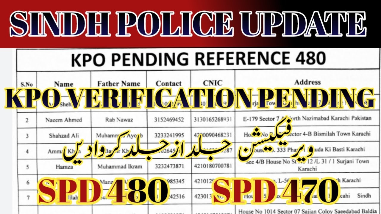 District Central KPO Verification Pending. Sindh Police | SPD 480 ...