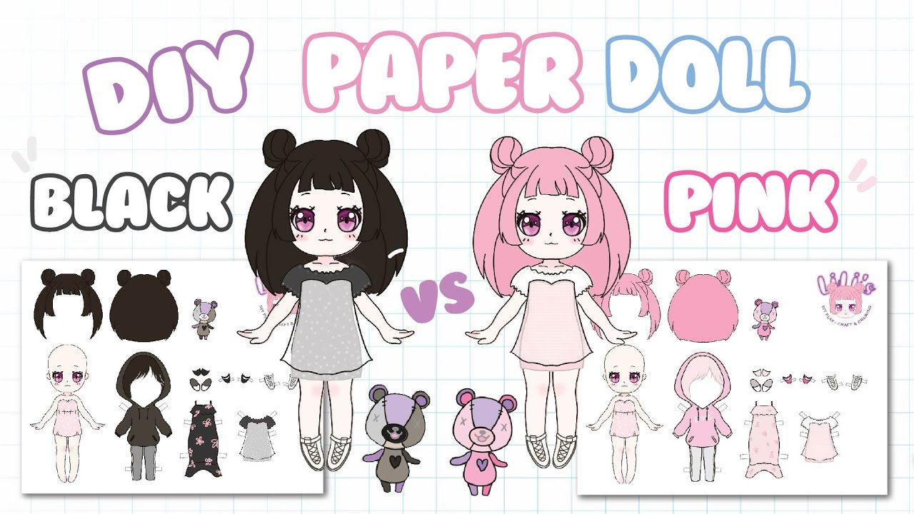 DIY Paper Doll Play | Black vs Pink Dress [FREE TEMPLATES] - YouTube