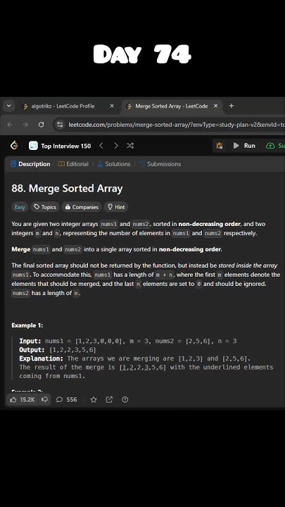 Leetcode 88 Merge Sorted Array Javaprogramming 100daysofcoding 