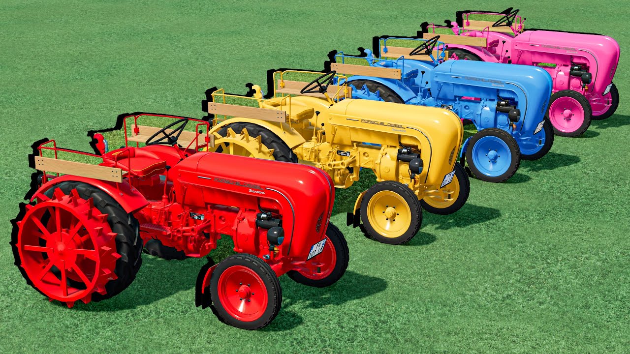 GARAGE with COLORS ! PORSCHE Mini Tractors TRANSPORTING with COLORED ...