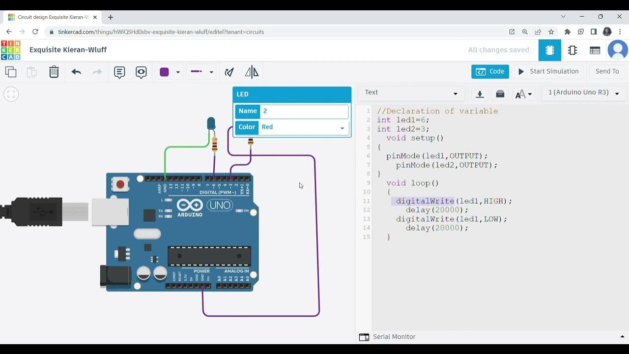 Arduino LED 2 Interfacing Tutorial Step by Step Guide in Tinkercad in ...