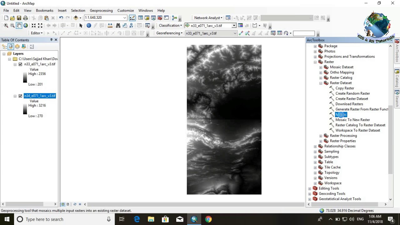 Mosaic raster dataset ArcGIS 10.5, Arcgis 10, mosaicking - YouTube