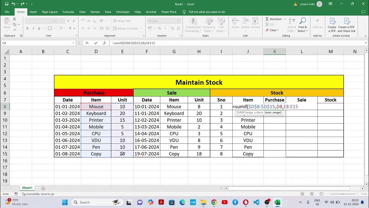 Create maintain Stock in Excel | Maintain Stock in Excel | How to maintain stock in excel - YouTube