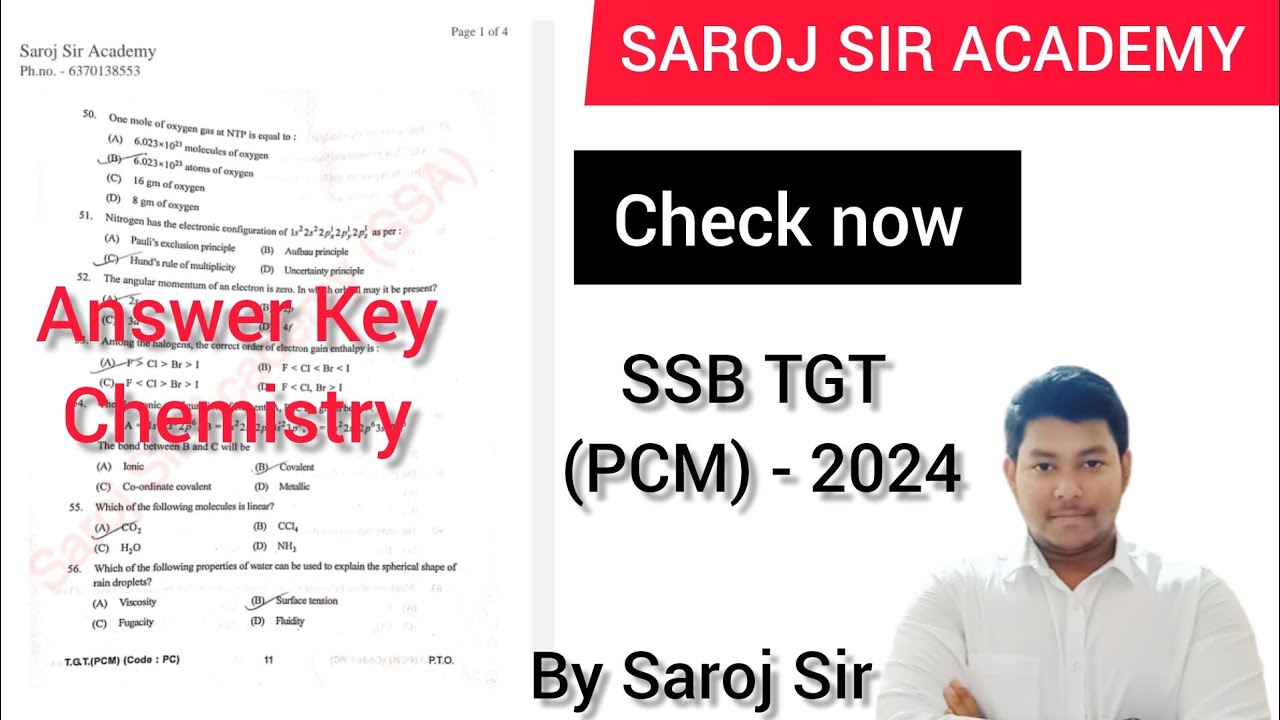 SSB TGT PCM (CHEMISTRY) ANSWER KEY - 2024 - YouTube