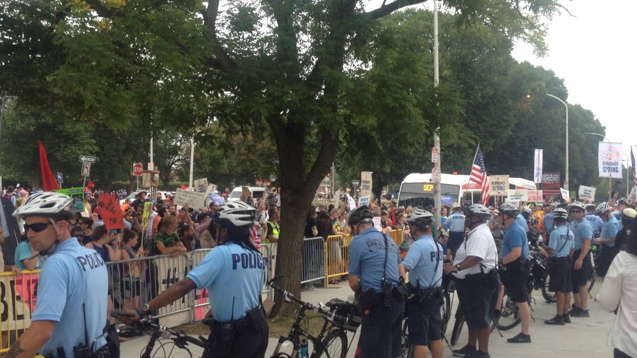 Police officers mobilize as Sanders supporters protest in Philadelphia ...