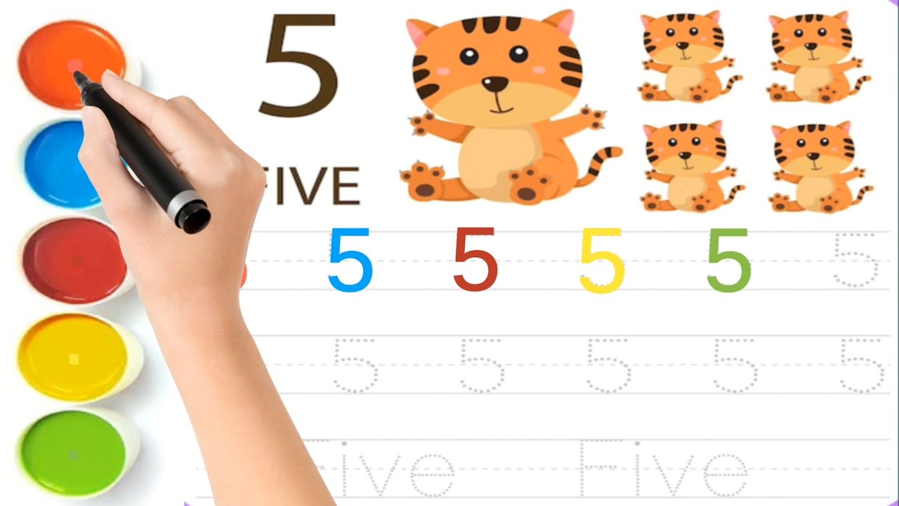 We will practice writing the number 5 in different colors.# ...
