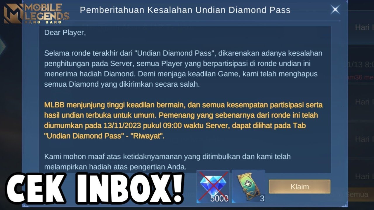 CEK INBOX, 5000 DIAMOND DI TARIK DAN DI GANTIKAN 3 TIKET EVENT 11.11 ...