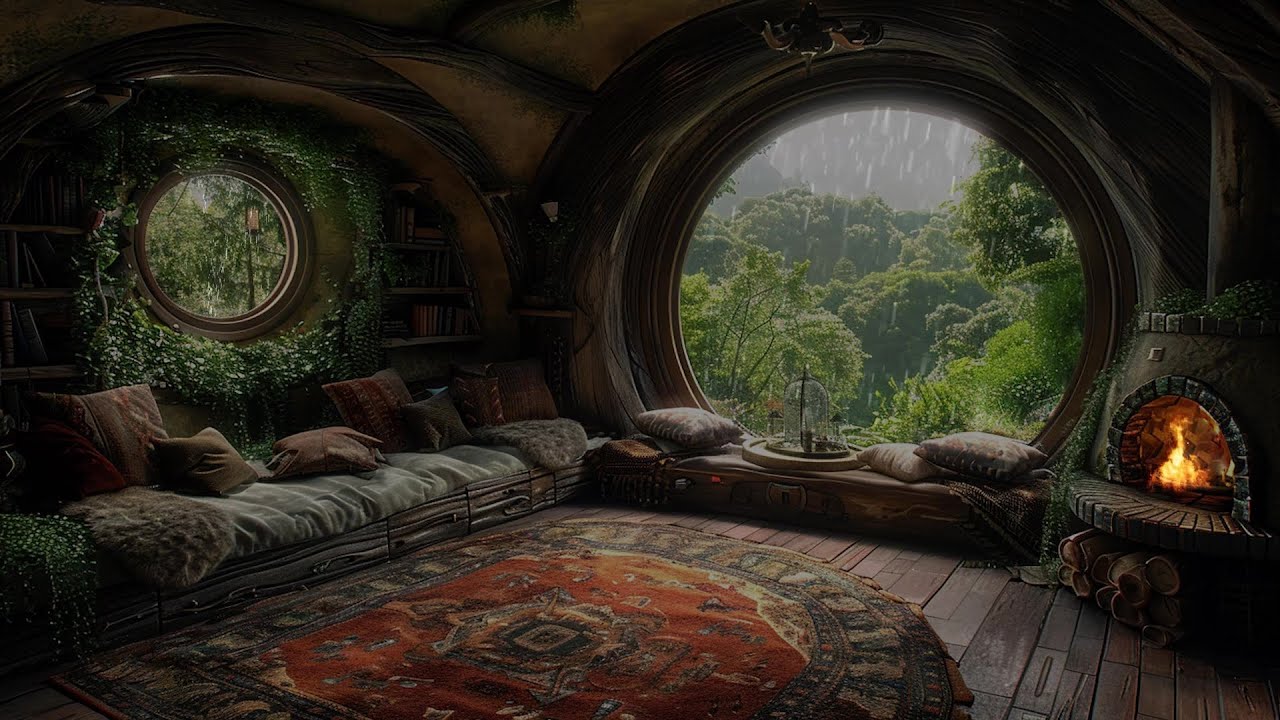 Cozy Hobbit Bedroom - Relaxing Fireplace with Soothing Rainfall Sounds ...