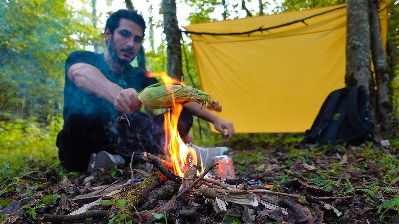 Solo Camping | TARP Shelter between Two trees - YouTube
