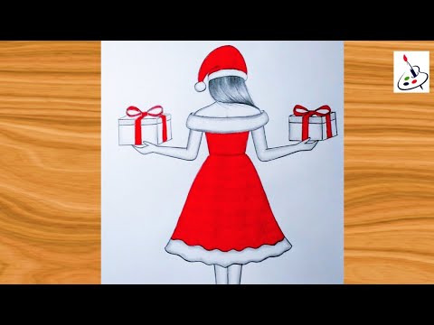 How to draw a girl with Christmas Gifts||Easy Christmas Drawing||Easy ...