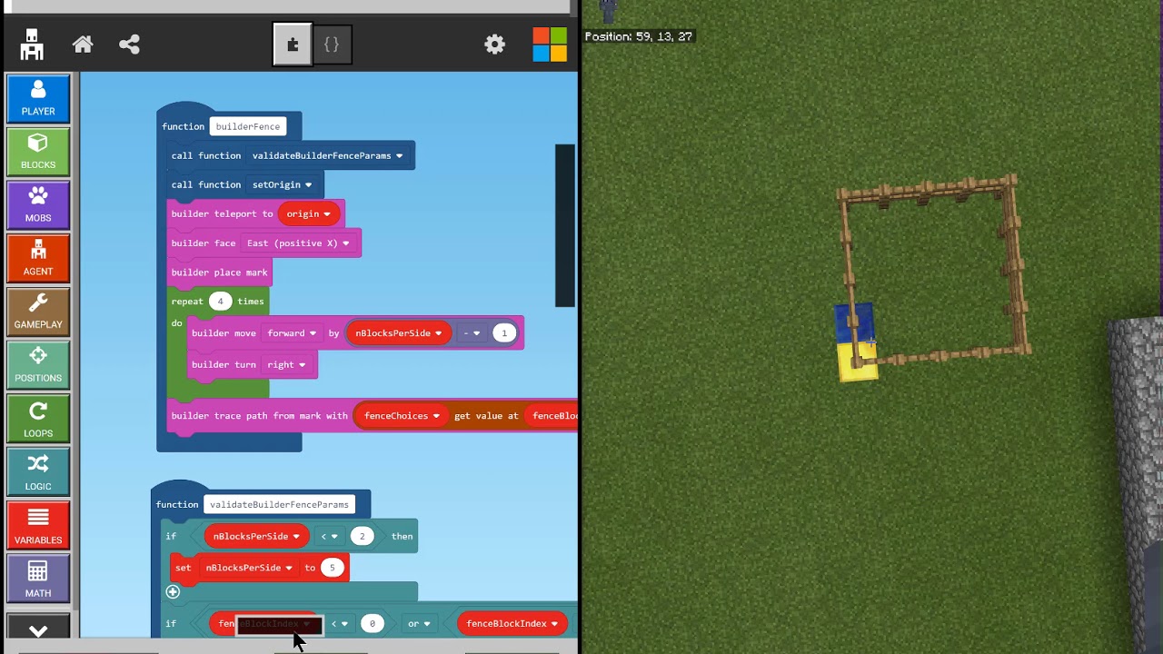 Builder Fence with Size and Block Arguments in MakeCode for Minecraft - YouTube