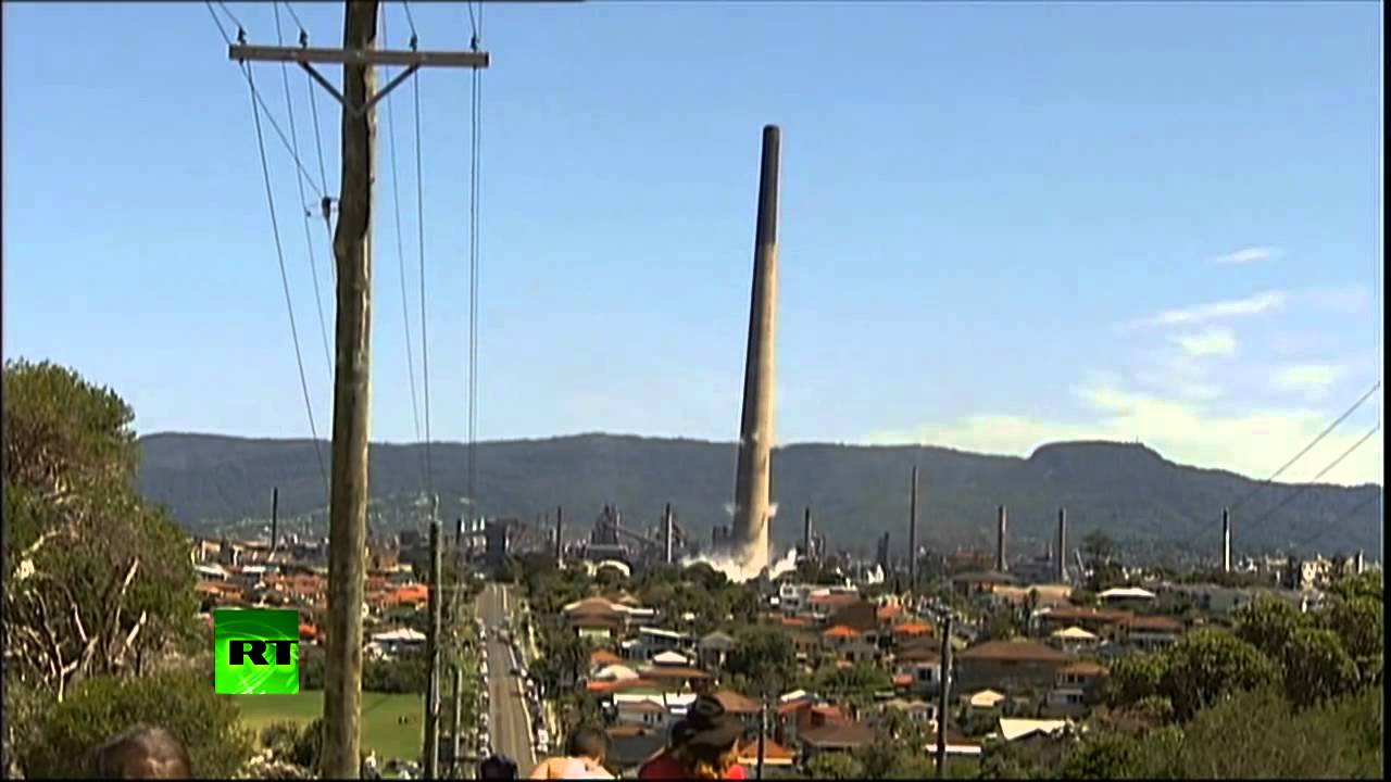 Epic Demolition: Giant iconic chimney toppled in Australia - YouTube