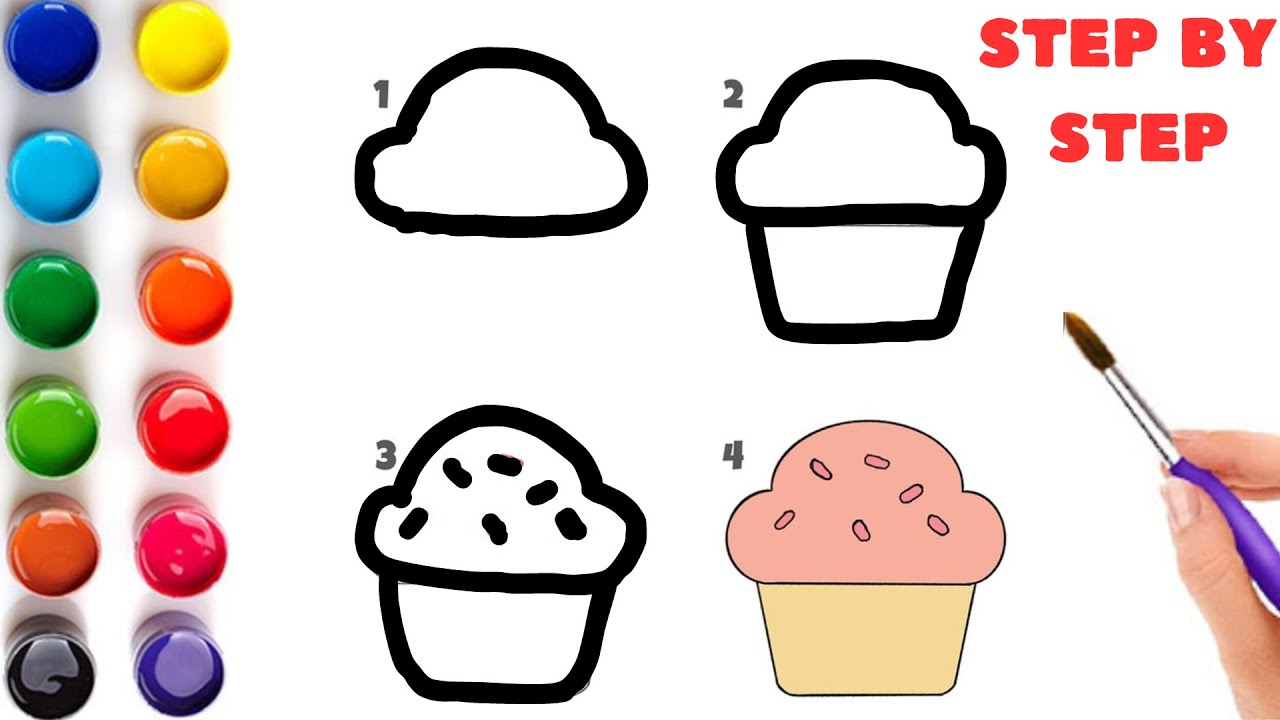 How to Draw A Cute Cupcake Step by Step for Kids.Drawing and Painting ...