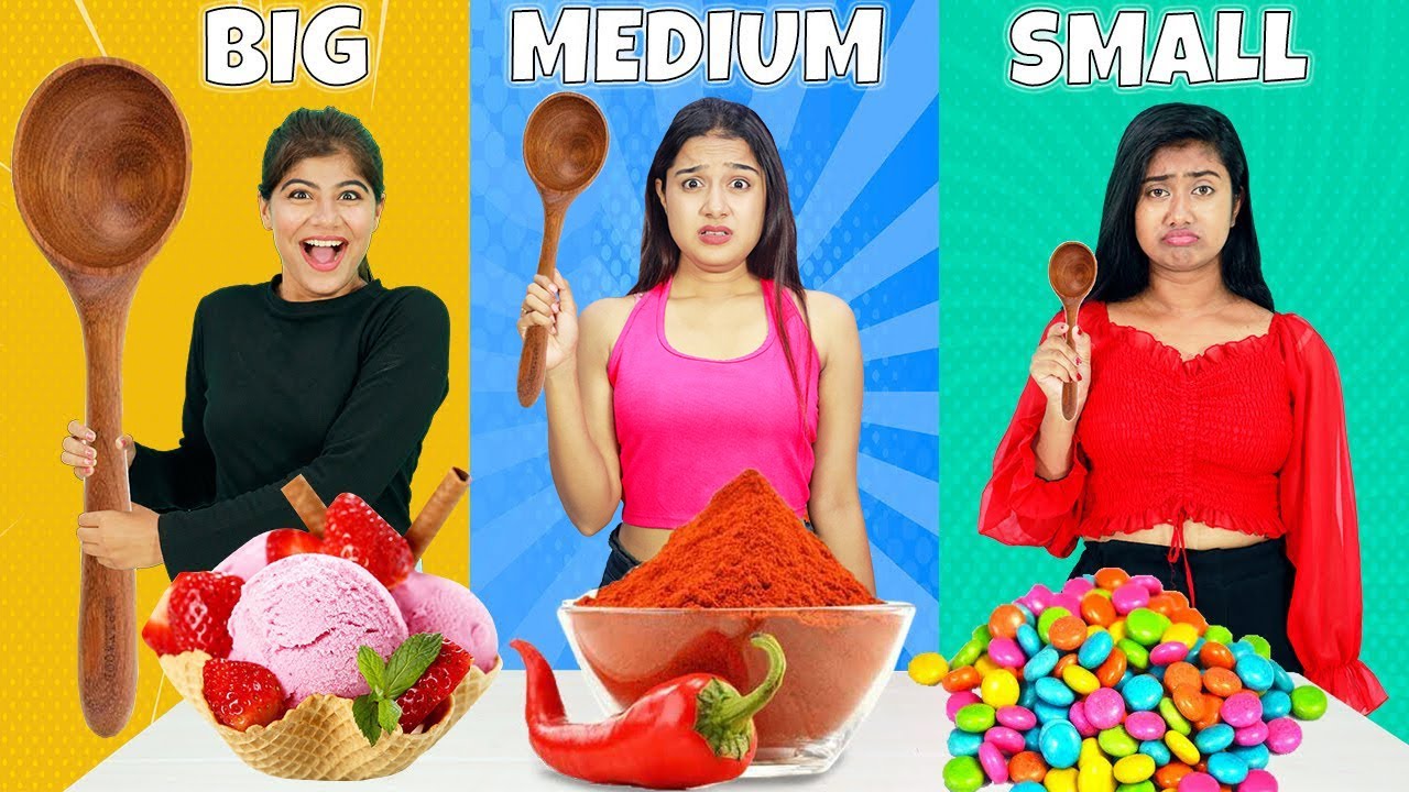 BIG vs MEDIUM vs SMALL SPOON EATING CHALLENGE | Most Funny Food ...