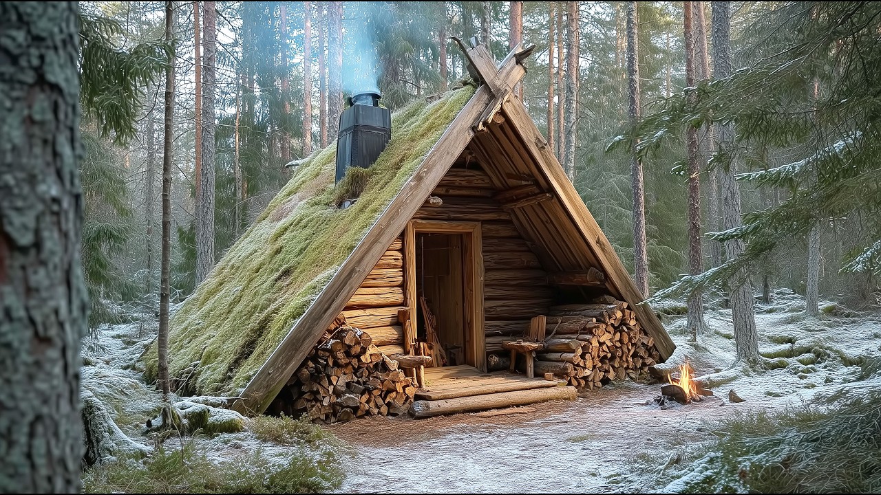 Building A-Frame Survival Shelter in Dense Forest: Bushcraft Skills ...