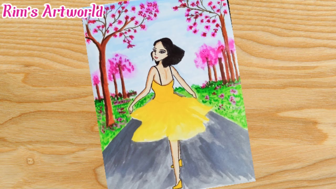 How to draw a girl under cherry blossom tree।। A girl around cherry ...