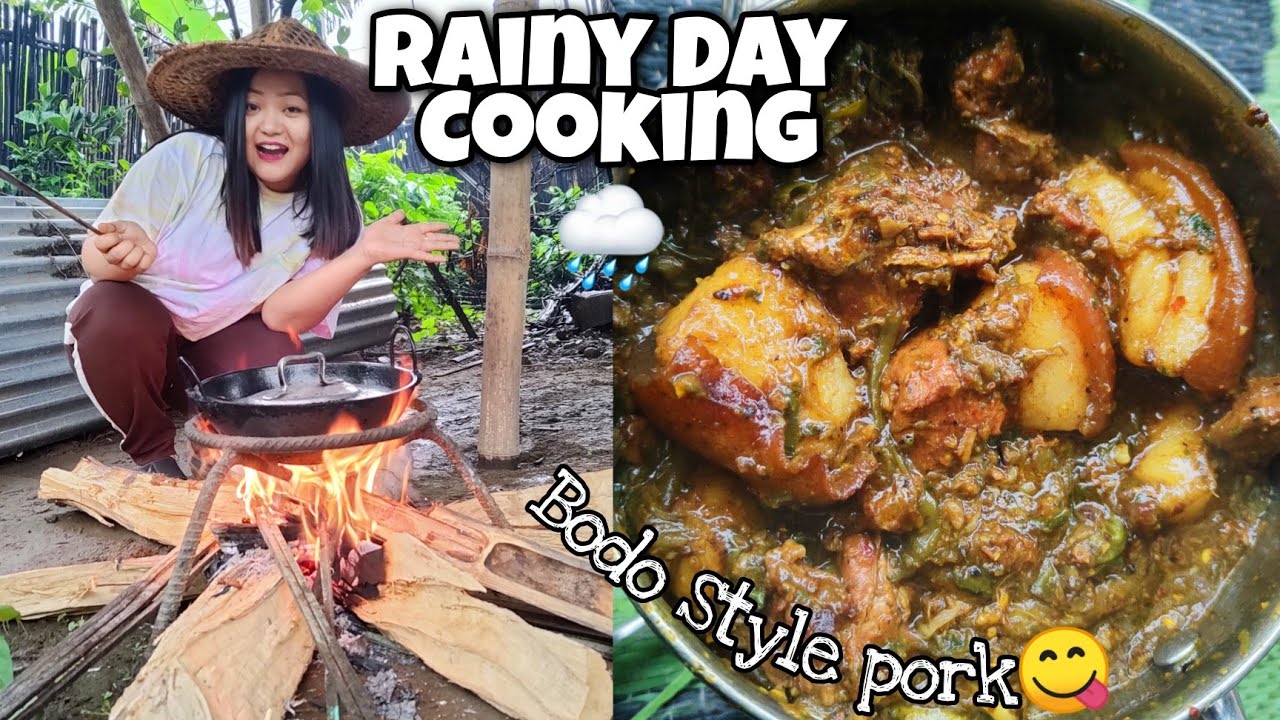 Bodo Dish Pork with Taro leaves-Rainy day cooking 🌧️/Hubby Surprise ...