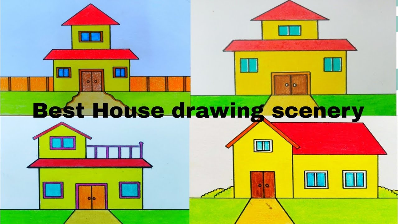 Best 4 house drawing scenery| House drawing easy way | Ghar ka drawing ...
