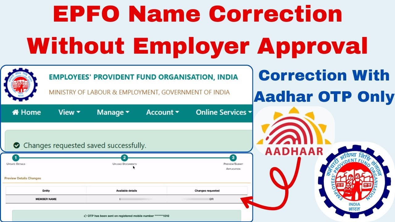 EPFO Name Correction Online With Aadhaar OTP Only | Without Documents ...