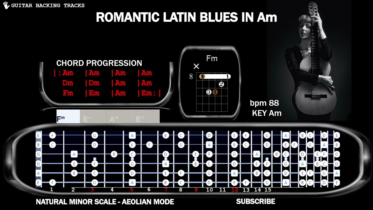 🎸Romantic Latin Blues in Am Guitar Backing Track🎸Natural Minor Scale ...