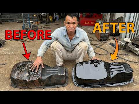 Unbelievable! Badly Dented & Leaking Engine Oil Pan Restored to Like New 😱