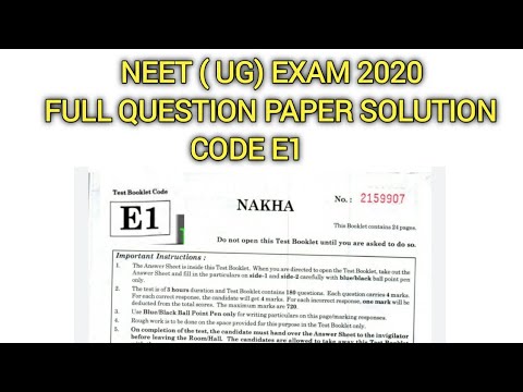 NEET exam 2020 !! Full question paper solution!! Code E1 - YouTube