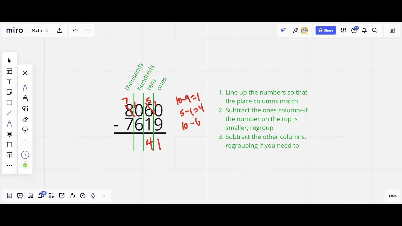 Subtraction with multiple regrouping steps involving 4 digit numbers ...