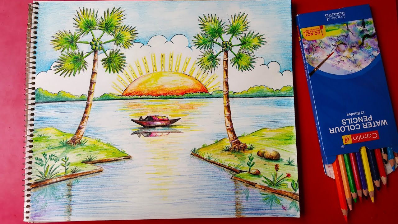 Riverside Landscape Drawing by Colour Pencil | How to Draw A Beautiful ...