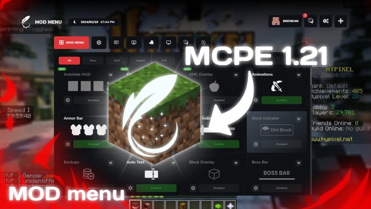 how i installed feather client on mcpe 1.21 | mod menu with modules ...