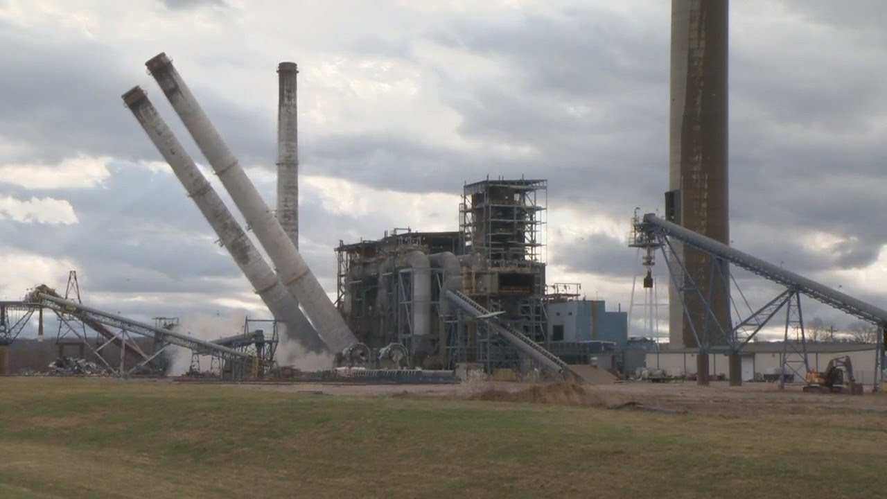 Big Rivers implodes power plant stacks at idled Coleman Station - YouTube