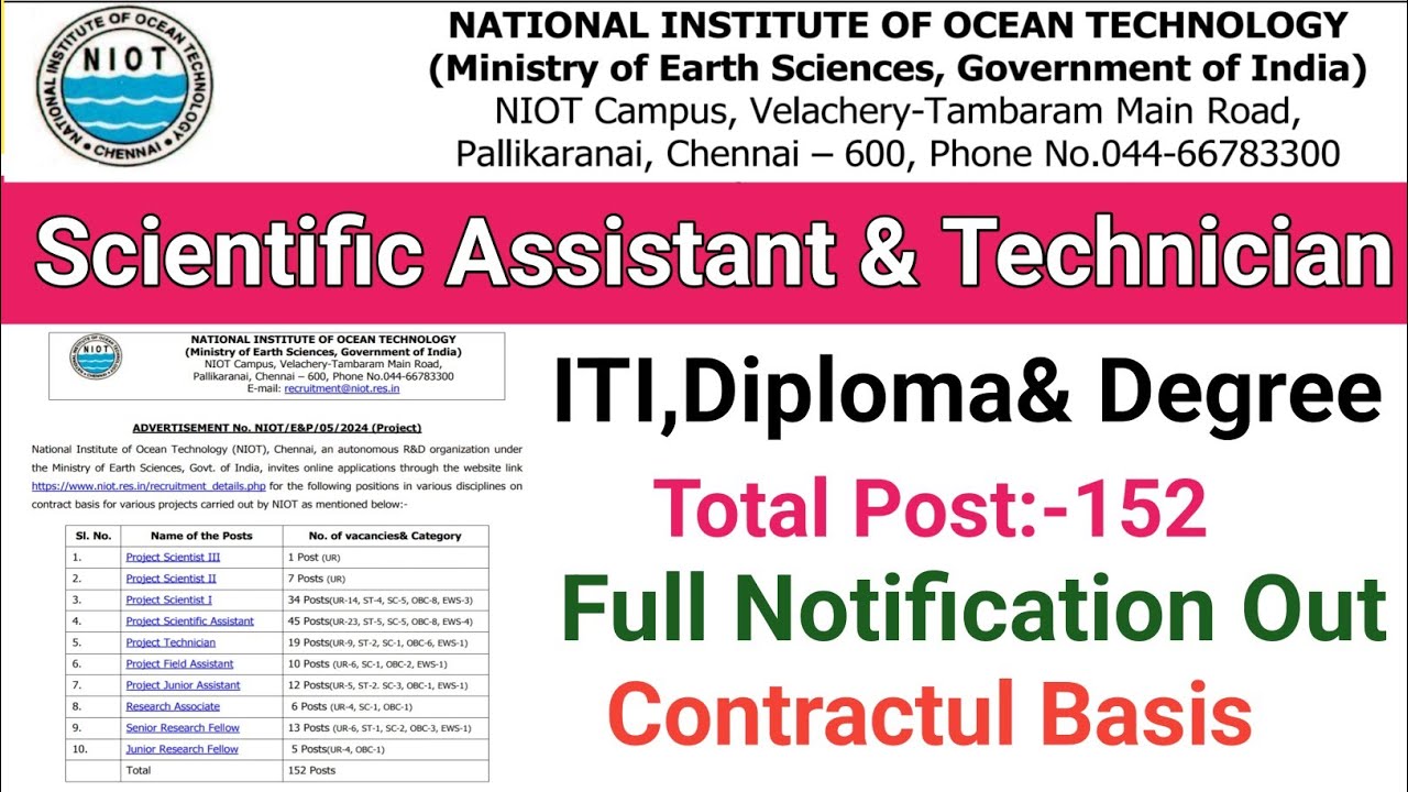 NIOT Recruitment -2024||Scientific Assistant & Technician||NIOT Vacancy ...