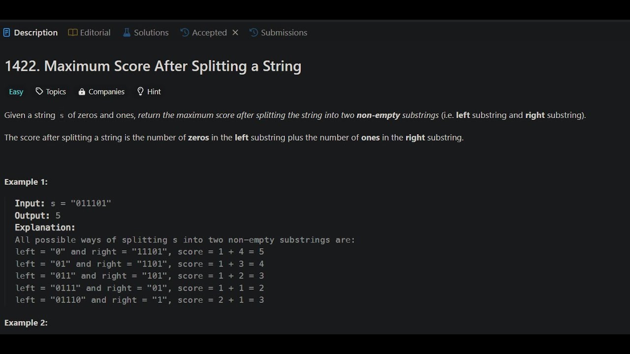 Maximum Score After Splitting A String Leetcode 1422 Leetcode Daily