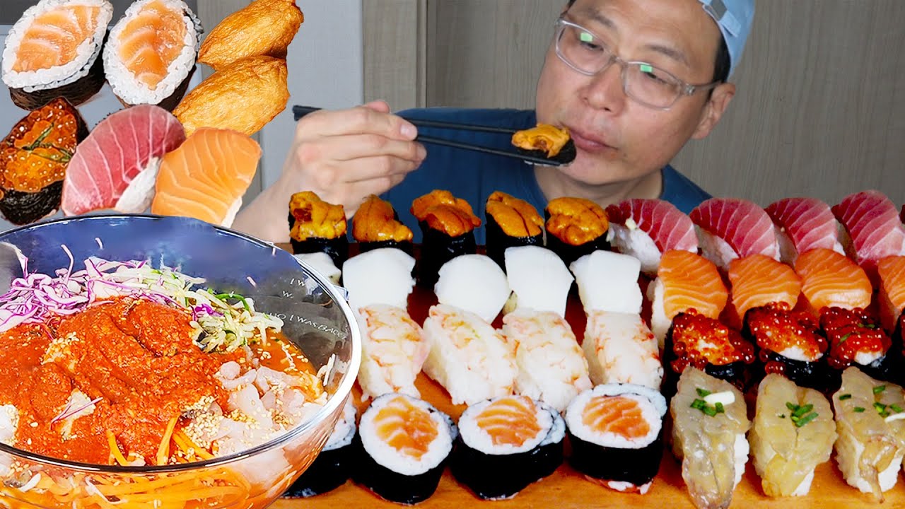 SUB) 얼음동동 매콤하고 시원한 물회와, 모둠초밥 먹방 Cold Raw Fish Soup seafood & sushi ...