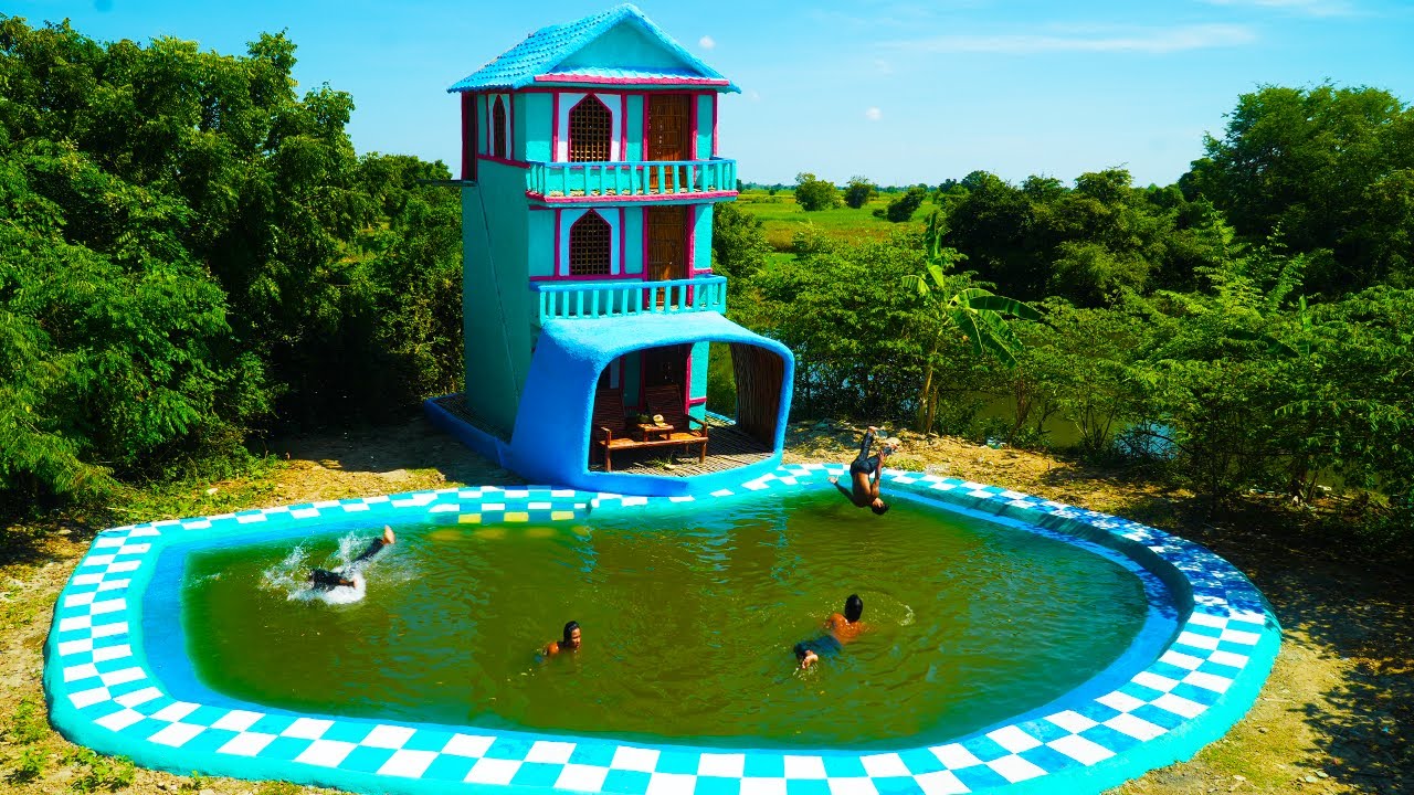 Build Big Swimming Pool For 3-Story Mud Resort House - YouTube