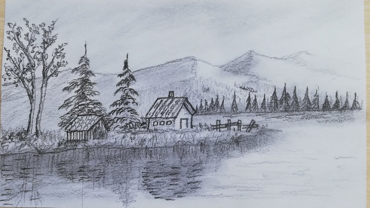 How to draw a house by the lake. Beach cottage house drawing with ...