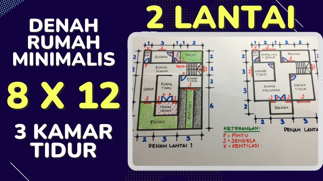 DENAH RUMAH MINIMALIS 3 KAMAR TIDUR UKURAN 8X12 LANTAI 2 - YouTube