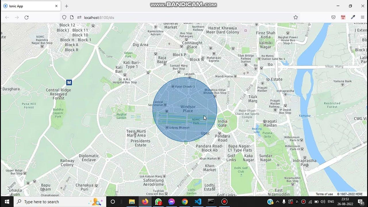 Ionic application to know either created marker is inside or outside the circle on a map - YouTube