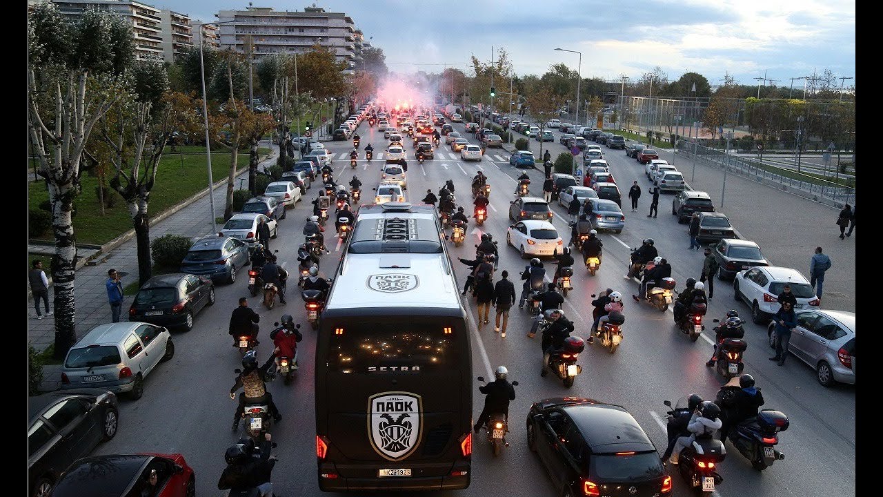 Αρης-ΠΑΟΚ 1-2 Μηχανοκίνητη Συνοδεία λεωφορείου ΠΑΟΚ - YouTube
