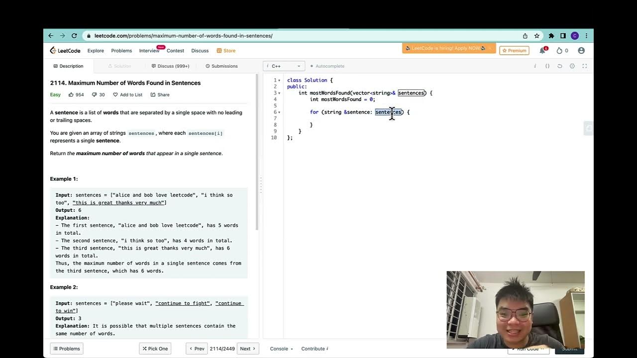 Leetcode C Maximum Number Of Words In Sentence Youtube