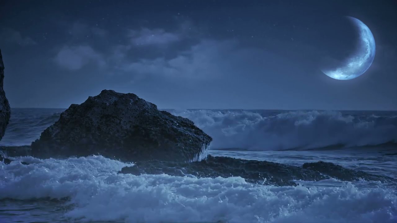 Moonlit Ocean Waves Crashing on Rocks Sound Therapy For Sleep Studying ...