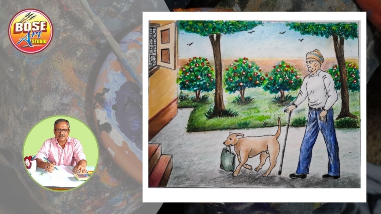 Scenery Drawing with Dog and Human Friendship || Dog scenery drawing ...