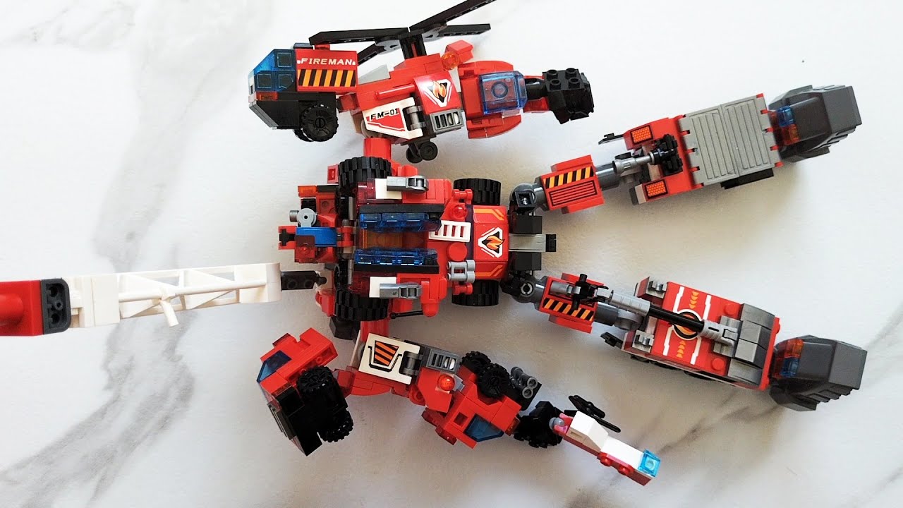 six fire truck toys combine car robot bricks - YouTube